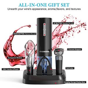 Electric Wine Opener with Charging Base, Moocoo Cordless Electric Wine Bottle Opener with 2-in-1 Aerator &Pourer, Foil Cutter, 2 Vacuum Preservation Stoppers, Display Charging Station for Easy Storage