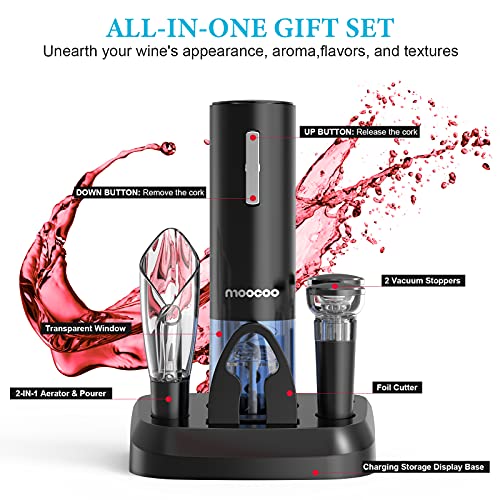 Electric Wine Opener with Charging Base, Moocoo Cordless Electric Wine Bottle Opener with 2-in-1 Aerator &Pourer, Foil Cutter, 2 Vacuum Preservation Stoppers, Display Charging Station for Easy Storage