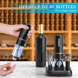 Electric Wine Opener with Charging Base, Moocoo Cordless Electric Wine Bottle Opener with 2-in-1 Aerator &Pourer, Foil Cutter, 2 Vacuum Preservation Stoppers, Display Charging Station for Easy Storage