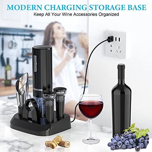 Electric Wine Opener with Charging Base, Moocoo Cordless Electric Wine Bottle Opener with 2-in-1 Aerator &Pourer, Foil Cutter, 2 Vacuum Preservation Stoppers, Display Charging Station for Easy Storage