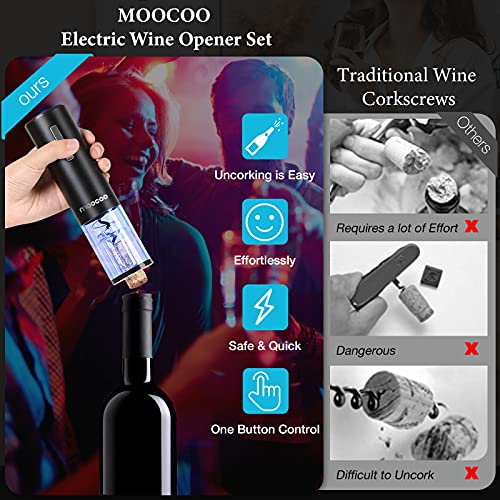 Electric Wine Opener with Charging Base, Moocoo Cordless Electric Wine Bottle Opener with 2-in-1 Aerator &Pourer, Foil Cutter, 2 Vacuum Preservation Stoppers, Display Charging Station for Easy Storage