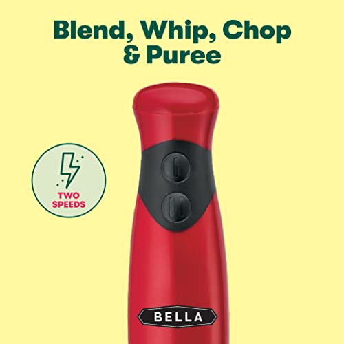 BELLA Immersion Hand Blender with Whisk Attachment, Quickly Mixes Sauces, Purees Soups, Smoothies & Dips, BPA-Free, Easy To Clean, Stainless Steel/Red