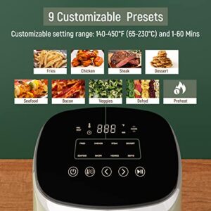 Air Fryer, Fabuletta 9 Customizable Smart Cooking Programs Compact 4QT Air Fryers, Shake Reminder, 450°F Digital Airfryer,Tempered Glass Display, Dishwasher-Safe & Nonstick, Fit for 2-4 People