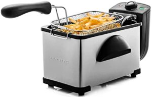 ovente electric deep fryer 2 liter capacity, 1500w with lid, viewing window, adjustable temperature knob and stainless steel frying basket perfect for fried chicken, nuggets & fries, silver fdm2201br