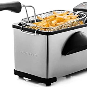 Ovente Electric Deep Fryer 2 Liter Capacity, 1500W with Lid, Viewing Window, Adjustable Temperature Knob and Stainless Steel Frying Basket Perfect for Fried Chicken, Nuggets & Fries, Silver FDM2201BR