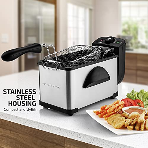 Ovente Electric Deep Fryer 2 Liter Capacity, 1500W with Lid, Viewing Window, Adjustable Temperature Knob and Stainless Steel Frying Basket Perfect for Fried Chicken, Nuggets & Fries, Silver FDM2201BR