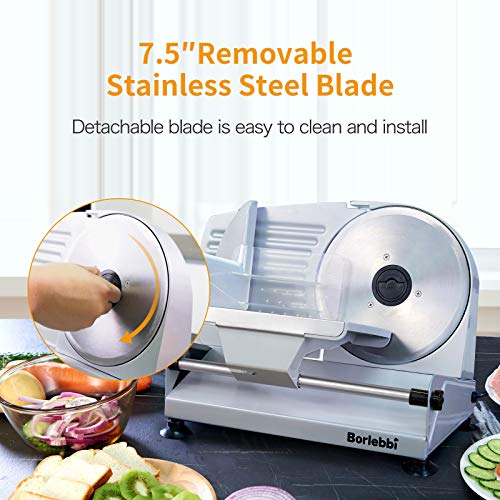 Meat Slicer, 200W Electric Food Slicer with Two Removable 7.5"Stainless Steel Blades&One Stainless Steel Tray, Child Lock Protection, Adjustable Thickness, Food Slicer Machine for Meat Cheese Bread