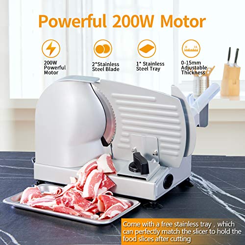 Meat Slicer, 200W Electric Food Slicer with Two Removable 7.5"Stainless Steel Blades&One Stainless Steel Tray, Child Lock Protection, Adjustable Thickness, Food Slicer Machine for Meat Cheese Bread