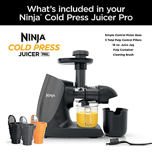 Ninja JC101 Cold Press Pro Compact Powerful Slow Juicer with Total Pulp Control and Easy Clean, Graphite, 13.78 in L x 6.89 in W x 14.17 in H