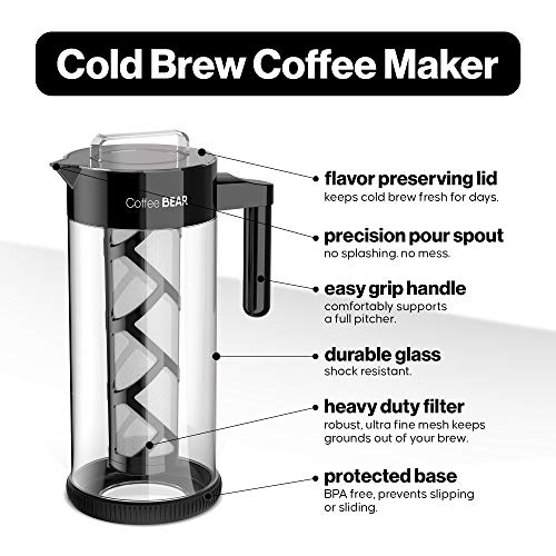 COFFEE BEAR – Cold Brew Coffee Maker and Ice Tea Brewer, Borosilicate Glass Pitcher with Mesh Filter, 1.3L (44oz)