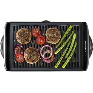 chefman electric smokeless indoor grill w/non-stick cooking surface & adjustable temperature knob from warm to sear for customized bbqing, dishwasher safe removable water tray, black