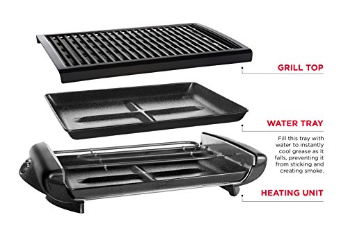 Chefman Electric Smokeless Indoor Grill w/Non-Stick Cooking Surface & Adjustable Temperature Knob from Warm to Sear for Customized BBQing, Dishwasher Safe Removable Water Tray, Black