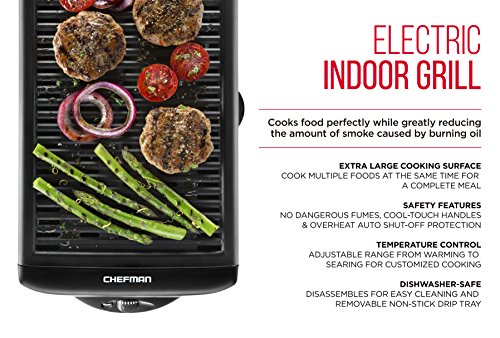 Chefman Electric Smokeless Indoor Grill w/Non-Stick Cooking Surface & Adjustable Temperature Knob from Warm to Sear for Customized BBQing, Dishwasher Safe Removable Water Tray, Black