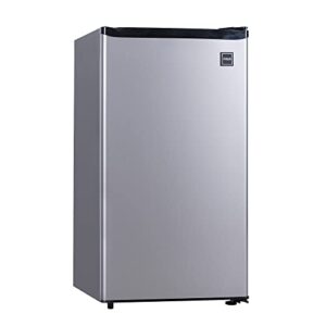 rca rfr322 mini refrigerator, compact freezer compartment, adjustable thermostat control, reversible door, ideal fridge for dorm, office, apartment, platinum stainless, 3.2 cubic feet