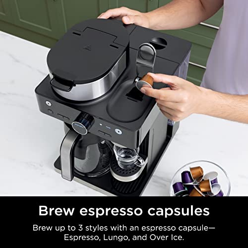 Ninja CFN601 Espresso & Coffee Barista System, Single-Serve Coffee & Nespresso Capsule Compatible, 12-Cup Carafe, Built-in Frother, Espresso, Cappuccino & Latte Maker, Black & Stainless Steel