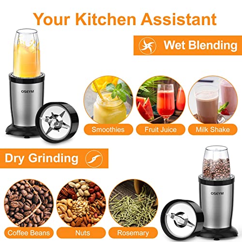 OSEYM 19-in-1 Bullet Blender, Personal Blender for Shakes and Smoothies, 850W Smoothie Blender With 2*20 Oz & 1*10 Oz To-Go Cups, Easy to Clean, BPA-Free (Silver-Black)