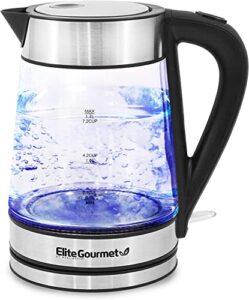 elite gourmet ekt-602 electric 1.7l bpa free glass kettle cordless 360° base, stylish blue led interior, handy auto shut-off function – quickly boil water for tea & more, stainless steel