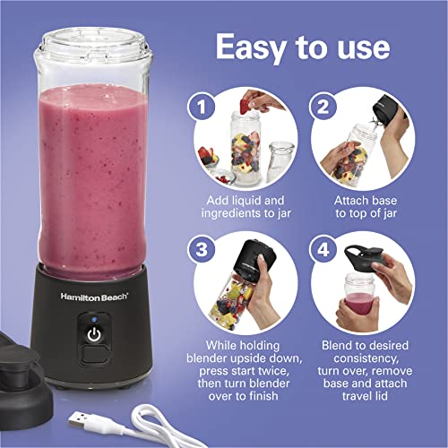 Hamilton Beach Mini Cordless Portable Personal Blender for Shakes and Smoothies, USB Rechargeable, 16 oz. Jar with Leakproof Travel Lid, 6 Stainless Steel Blades, Black (51180)