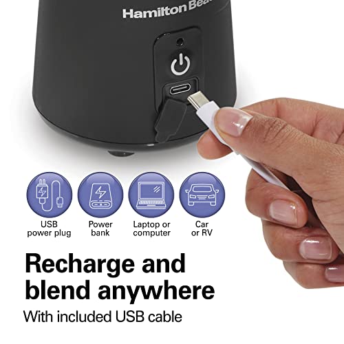 Hamilton Beach Mini Cordless Portable Personal Blender for Shakes and Smoothies, USB Rechargeable, 16 oz. Jar with Leakproof Travel Lid, 6 Stainless Steel Blades, Black (51180)