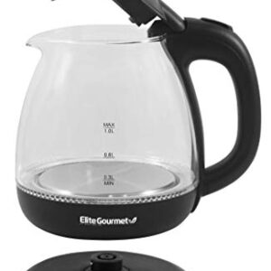 Elite Gourmet EKT1001 Maxi-Matic 1L Glass Electric Tea Kettle Hot Water Heater Boiler BPA-Free with Blue LED Interior Fast Boil and Auto Shut-Off, Black