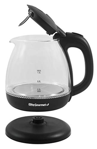 Elite Gourmet EKT1001 Maxi-Matic 1L Glass Electric Tea Kettle Hot Water Heater Boiler BPA-Free with Blue LED Interior Fast Boil and Auto Shut-Off, Black