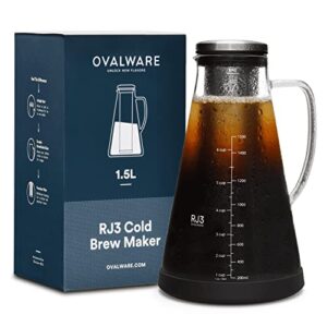 airtight cold brew iced coffee maker (& iced tea maker) with spout – 1.5l/ 51oz ovalware rj3 brewing glass carafe with removable stainless steel filter