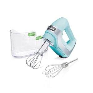 hamilton beach professional 5-speed electric hand mixer with snap-on storage case, quickburst, stainless steel twisted wire beaters and whisk, mint (62658)