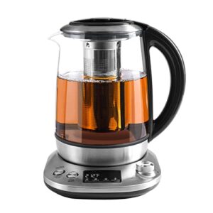 mecity tea kettle electric tea pot with removable infuser, 9 preset brewing programs tea maker with temprature control, 2 hours keep warm, 1.7 liter electric kettles, 1200w, glass and stainless steel