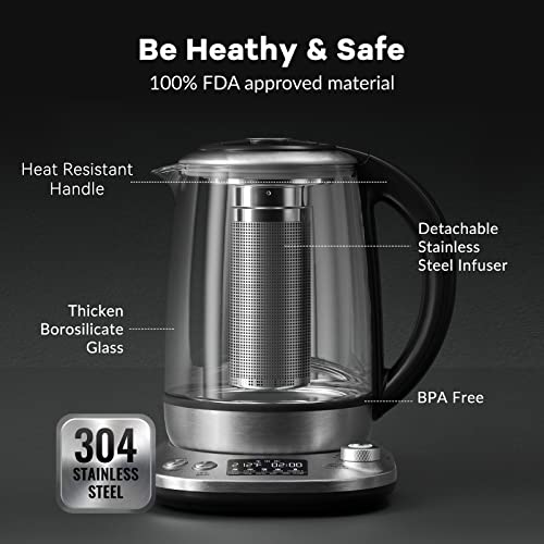 Mecity Tea Kettle Electric Tea Pot with Removable Infuser, 9 Preset Brewing Programs Tea Maker with Temprature Control, 2 Hours keep Warm, 1.7 Liter Electric Kettles, 1200W, Glass and Stainless Steel