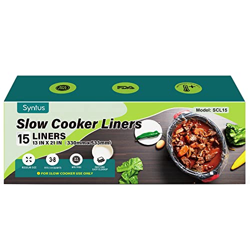 Syntus Slow Cooker Liners, Cooking Bags Large Size Crock Pot Liners Disposable Pot Liners Plastic Bags, Fit 3QT to 8QT for Slow Cooker Crockpot Cooking Trays, 13"x 21" 1 Pack (15 Liners)