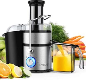 koios centrifugal juicer machines, juice extractor with extra large 3inch feed chute, 304 stainless steel filter, high juice yield for fruits and vegetables, easy to clean, 100% bpa-free, 1200w powerful, dishwasher safe, included brush