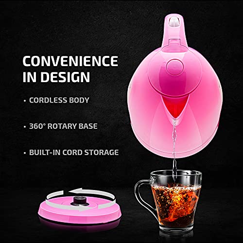 Ovente Electric Kettle 1.7 Liter Cordless Hot Water Boiler, 1100W with Automatic Shut-Off and Boil Dry Protection, Fast Boiling BPA-Free Portable Instant Heater for Making Tea, Coffee, Pink KP72P