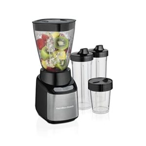 hamilton beach stay or go blender with 32oz jar, 8oz grinder for nuts & spices, and 2 portable cups with drinking lids for shakes and smoothies, bpa free, black and silver (52400)