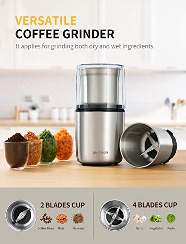 SHARDOR Coffee Grinder Electric, Herb Grinder, Spice Grinder Electric, Wet Grinder for Spices and Seeds with 2 Removable Stainless Steel Bowls, Silver