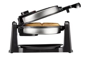 chefman rotating belgian waffle maker, 180° flip iron w/ non-stick plates, adjustable timer, locking lid, & drip plate, space saving storage, mess-free breakfast, stainless steel/black