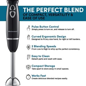 Elite Gourmet EHB1015 Immersion Hand Blender 500 Watts 2 Speed Mixing with Stainless Steel Blades, Detachable Wand Stick Mixer, Smoothies, Baby Food, Soup, Black