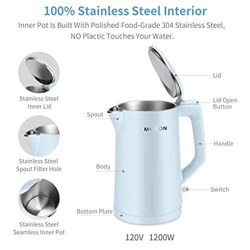 MEISON Electric Kettle, 1.7 L Double Wall Food Grade Stainless Steel Interior Water Boiler, Coffee Pot & Tea Kettle, Auto Shut-Off and Boil-Dry Protection, 1200W, 2 Year Warranty(Blue)