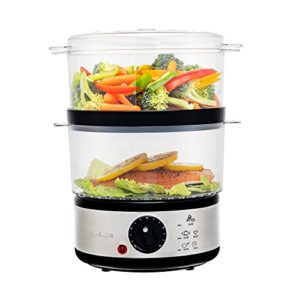 ovente electric food steamer 5 quart with 2 tier stackable bpa-free baskets, 400w stainless steel base, auto shut-off and 60-minute timer, fast steaming ideal for vegetable and fish, silver fs62s