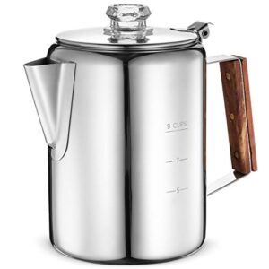 eurolux percolator coffee maker pot – 9 cups | durable stainless steel material | brew coffee on fire, grill or stovetop | no electricity, no bad plastic taste | ideal for home, camping & travel