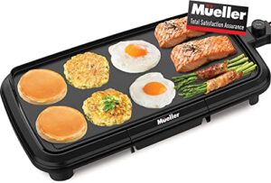 mueller healthybites eco nonstick 20 inch electric griddle teflon-free, 10 eggs at once, cool-touch handles and slide-out drip tray, for breakfast pancakes, burgers, eggs, black