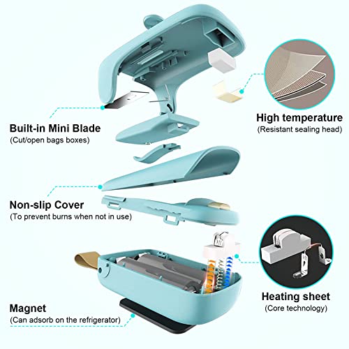 Mini Bag Sealer, Kenossion Chip Bag Sealer - Bag Sealer Heat Seal with Cutter & Magnet, Portable Mini Sealing Machine to Reseal Plastic Bags & Keep Snacks Fresh (2xAA Batteries Included)