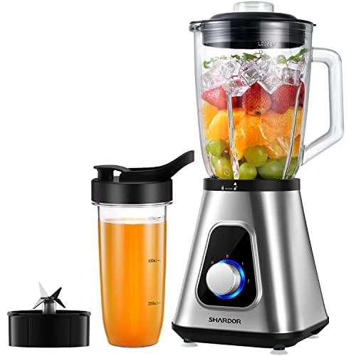 SHARDOR Countertop Blender 2.0 for Shake and Smoothies with 1200W, with 52oz Glass Jar, 3 Adjustable Speed Control + 22oz Travel Cup for Frozen Fruit Drinks, Smoothies, Sauces & More, Sliver