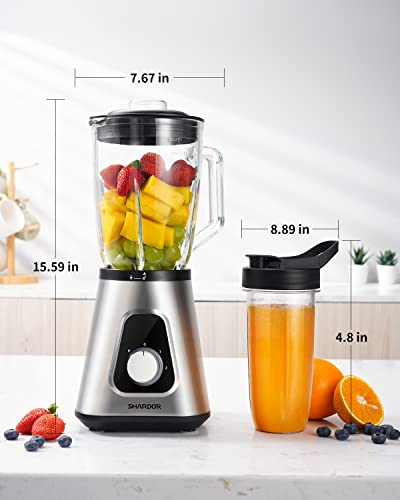 SHARDOR Countertop Blender 2.0 for Shake and Smoothies with 1200W, with 52oz Glass Jar, 3 Adjustable Speed Control + 22oz Travel Cup for Frozen Fruit Drinks, Smoothies, Sauces & More, Sliver