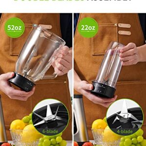 SHARDOR Countertop Blender 2.0 for Shake and Smoothies with 1200W, with 52oz Glass Jar, 3 Adjustable Speed Control + 22oz Travel Cup for Frozen Fruit Drinks, Smoothies, Sauces & More, Sliver