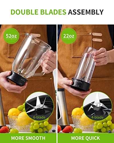 SHARDOR Countertop Blender 2.0 for Shake and Smoothies with 1200W, with 52oz Glass Jar, 3 Adjustable Speed Control + 22oz Travel Cup for Frozen Fruit Drinks, Smoothies, Sauces & More, Sliver