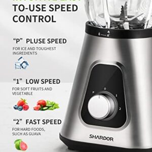 SHARDOR Countertop Blender 2.0 for Shake and Smoothies with 1200W, with 52oz Glass Jar, 3 Adjustable Speed Control + 22oz Travel Cup for Frozen Fruit Drinks, Smoothies, Sauces & More, Sliver