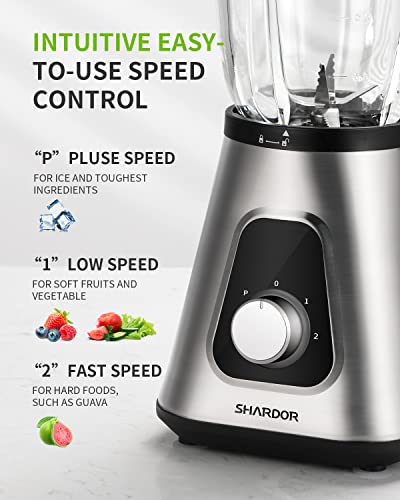 SHARDOR Countertop Blender 2.0 for Shake and Smoothies with 1200W, with 52oz Glass Jar, 3 Adjustable Speed Control + 22oz Travel Cup for Frozen Fruit Drinks, Smoothies, Sauces & More, Sliver