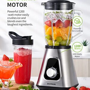 SHARDOR Countertop Blender 2.0 for Shake and Smoothies with 1200W, with 52oz Glass Jar, 3 Adjustable Speed Control + 22oz Travel Cup for Frozen Fruit Drinks, Smoothies, Sauces & More, Sliver