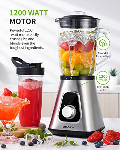 SHARDOR Countertop Blender 2.0 for Shake and Smoothies with 1200W, with 52oz Glass Jar, 3 Adjustable Speed Control + 22oz Travel Cup for Frozen Fruit Drinks, Smoothies, Sauces & More, Sliver