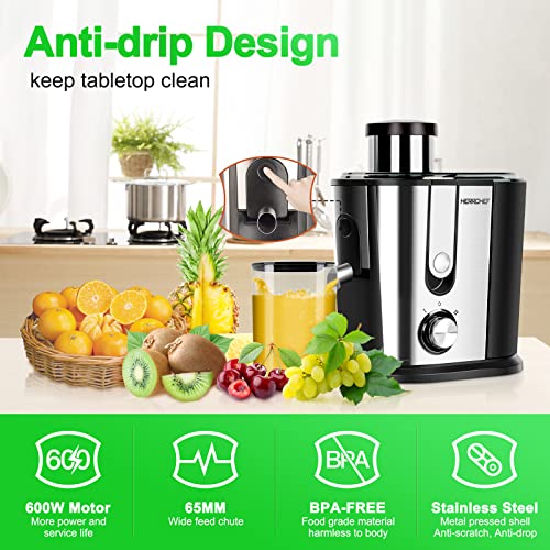 Juicer Machines, HERRCHEF 600W Juice Extractor with 3'' Wide Mouth, 2 Speed Stainless Steel Compact Centrifugal Juicer for Vegetable and Fruit Easy to Clean, with Anti-drip, BPA-Free